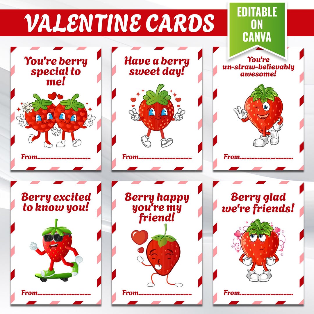 Editable Strawberry Valentine Cards for Kids Classmate & Preschool ...