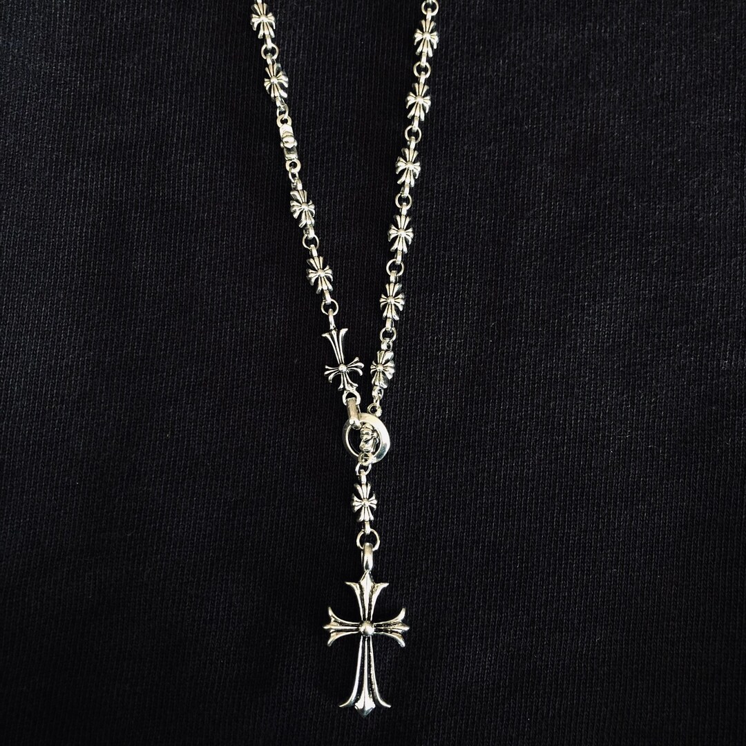 Y2K Grunge Goth Chrome, Silver Flower Cross, Punk Necklace, Cross ...
