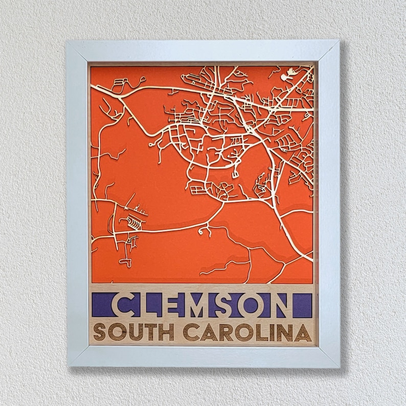 Clemson SC Map Clemson South Carolina Wood Street Map Framed Clemson ...
