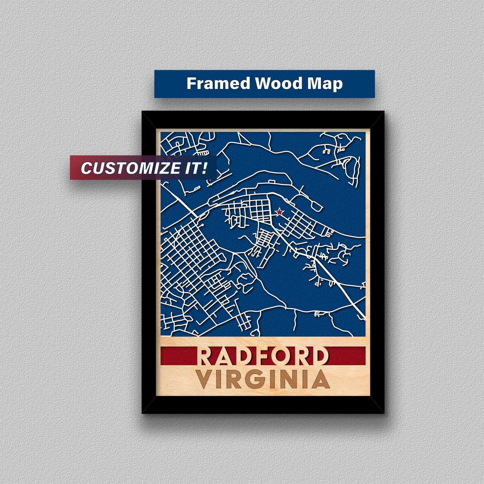 University Radford Va Map Radford Virginia Wood Map Framed University ...