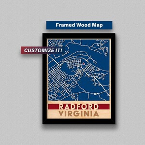 University Radford Va Map Radford Virginia Wood Map Framed University ...