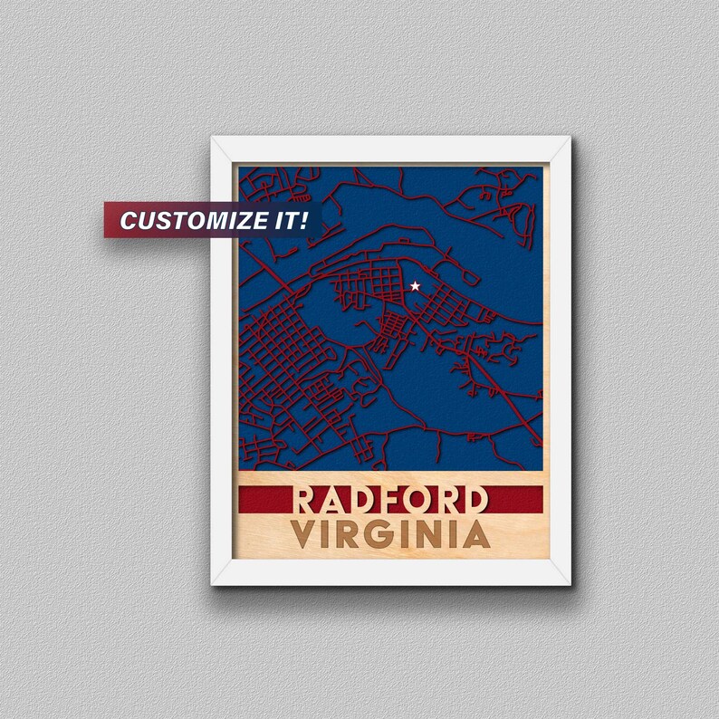 University Radford Va Map Radford Virginia Wood Map Framed University ...