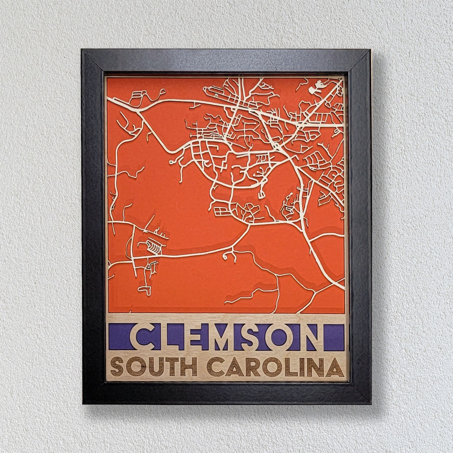 Clemson SC Map Clemson South Carolina Wood Street Map Framed Clemson ...