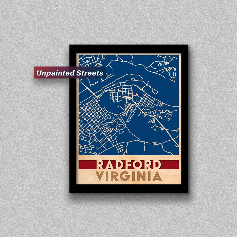 University Radford Va Map Radford Virginia Wood Map Framed University ...