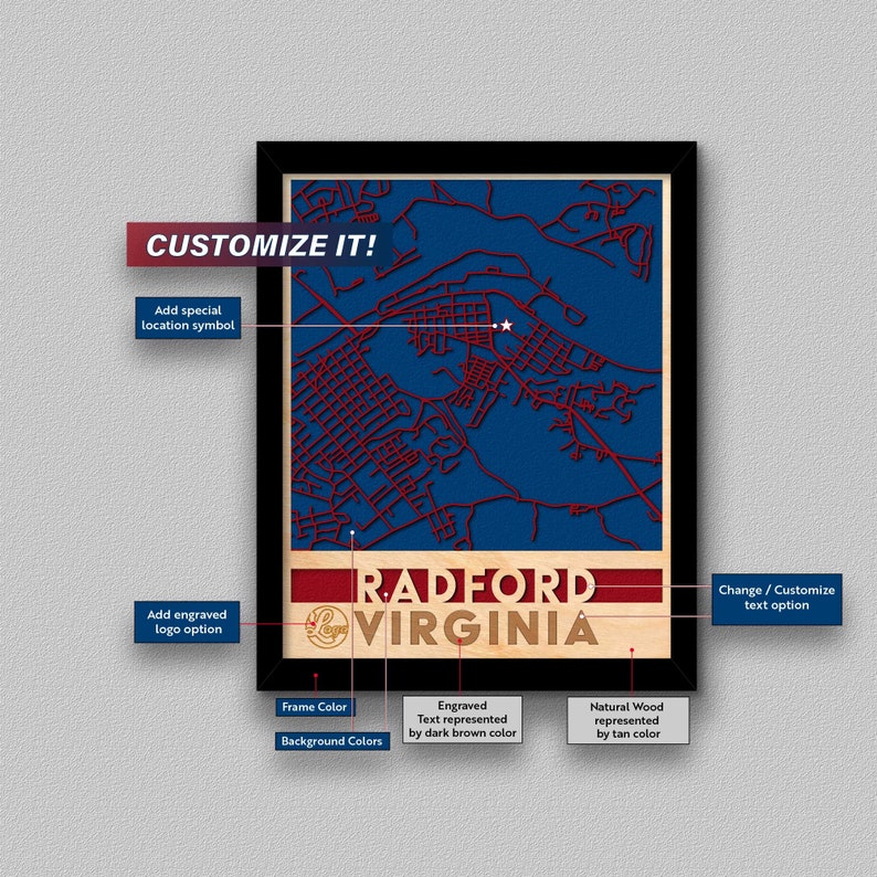 University Radford Va Map Radford Virginia Wood Map Framed University ...