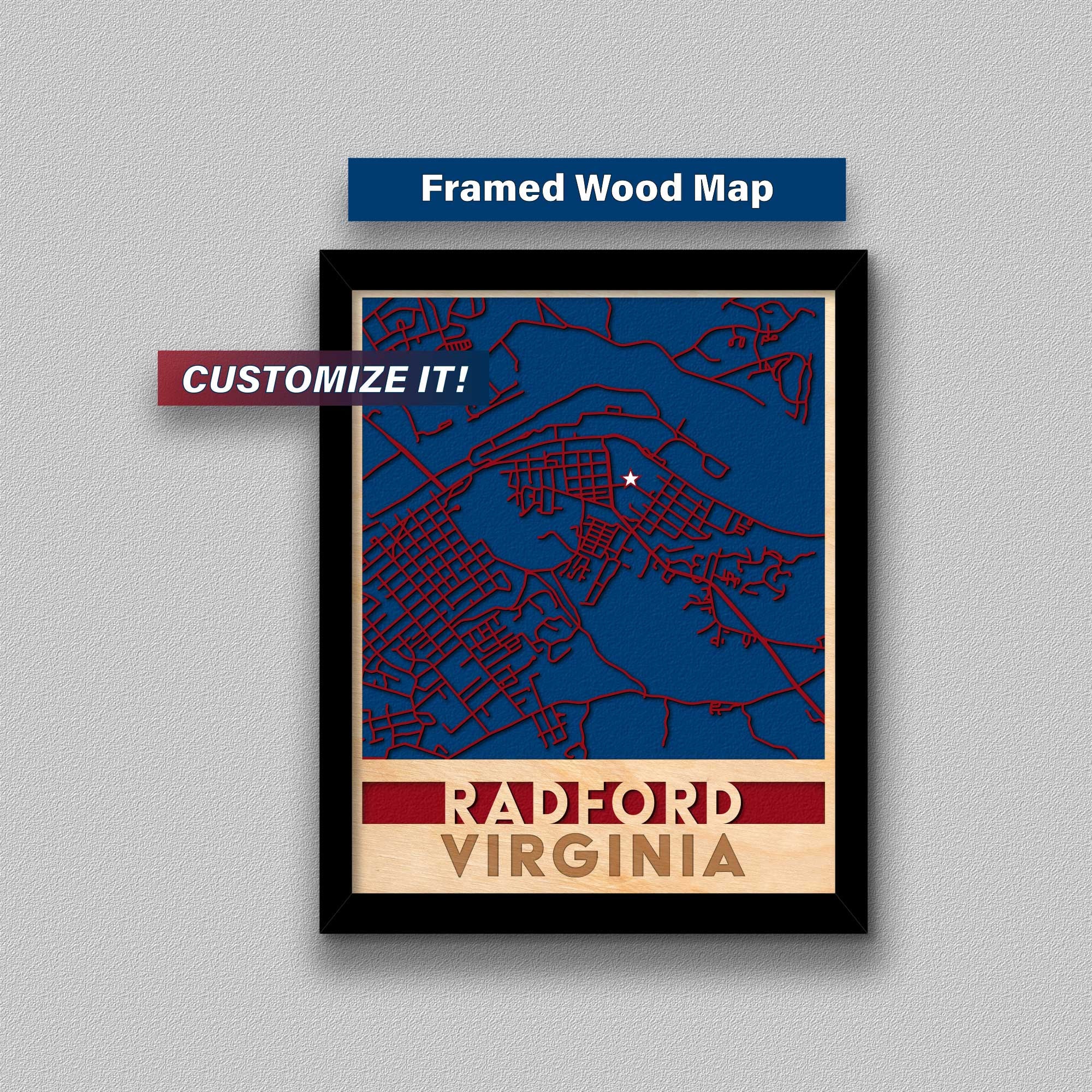 University Radford Va Map Radford Virginia Wood Map Framed University ...