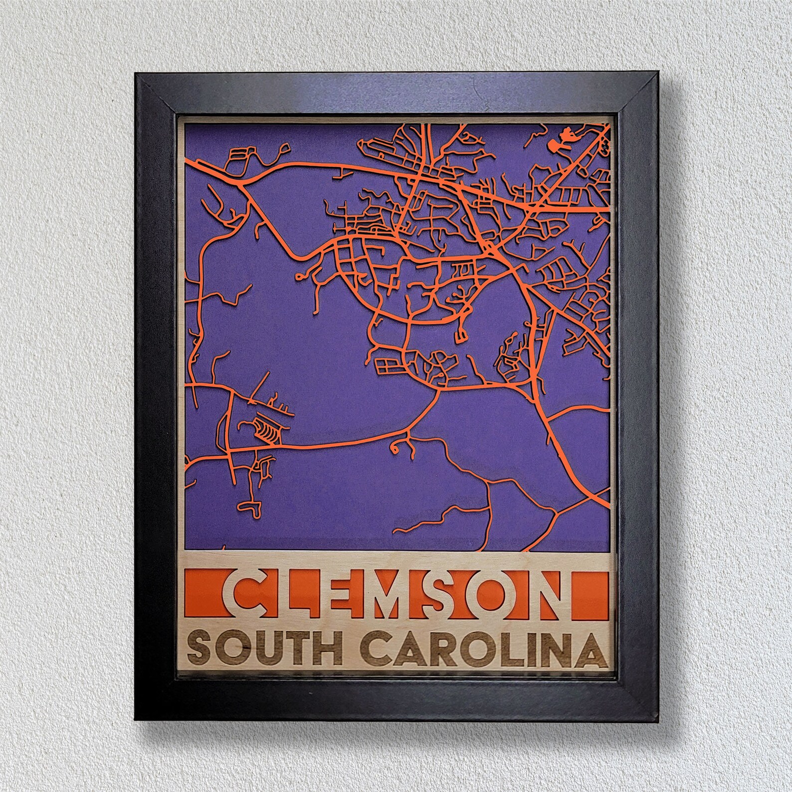 Clemson SC Map Clemson South Carolina Wood Street Map Framed Clemson ...