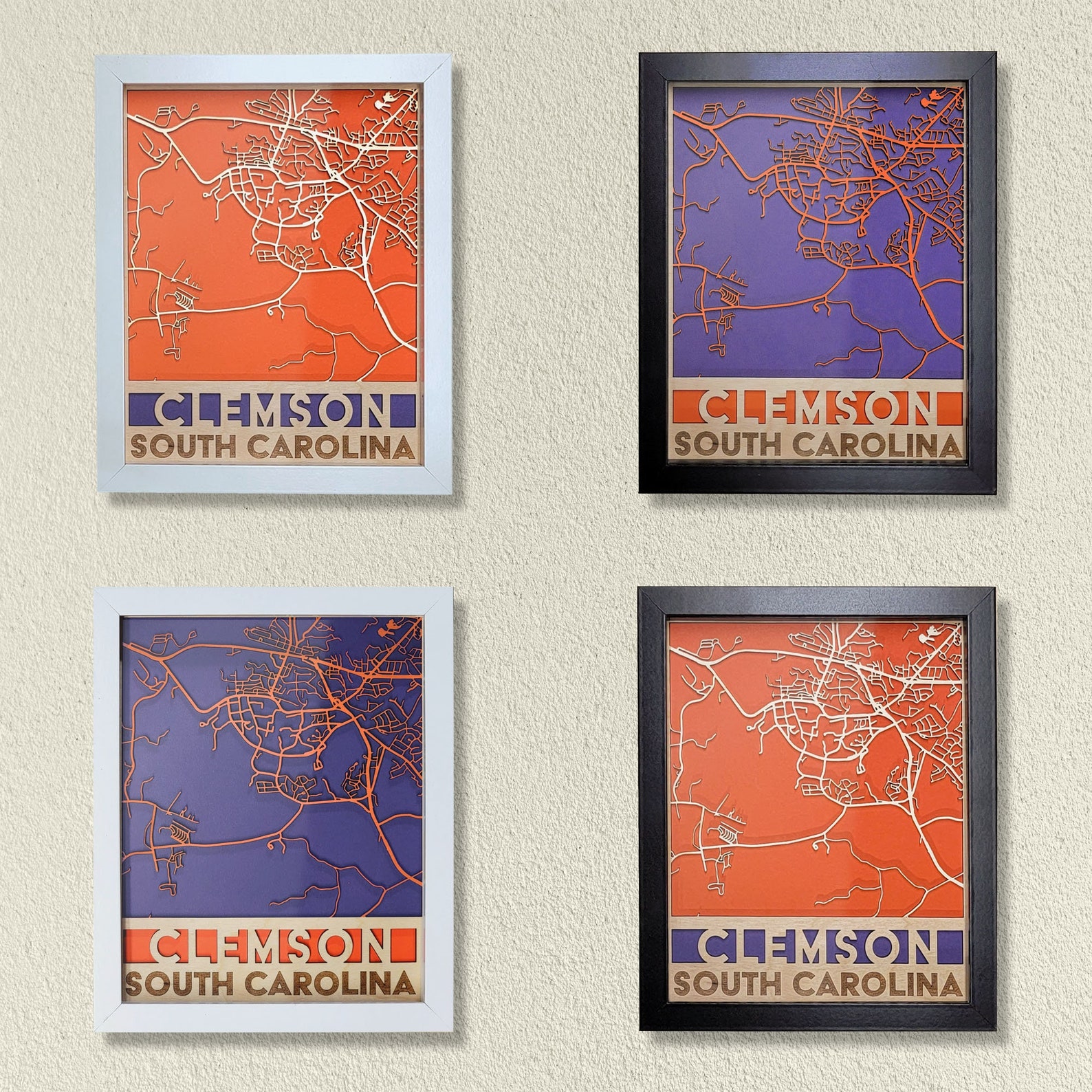 Clemson SC Map Clemson South Carolina Wood Street Map Framed Clemson ...