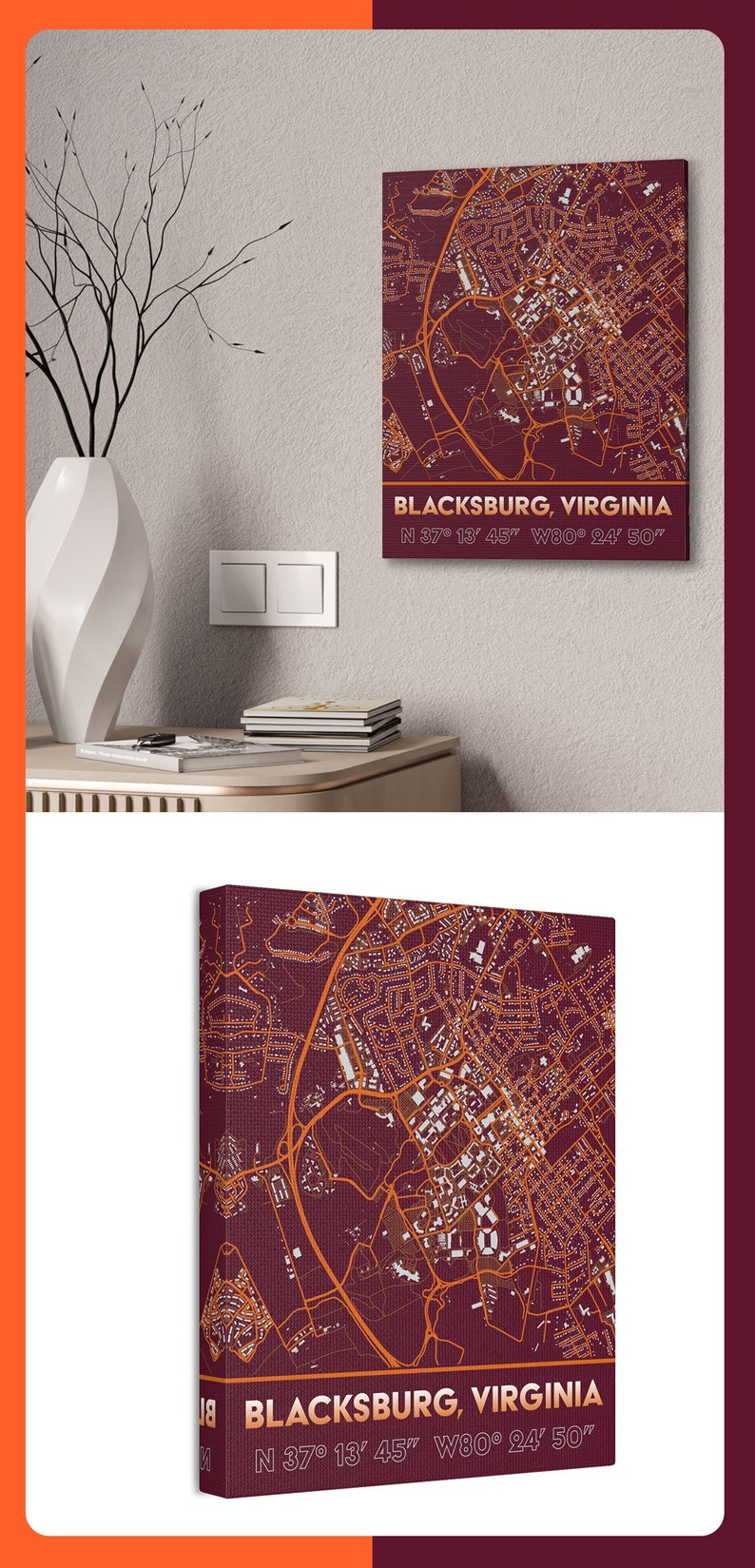 Blacksburg Va College Map Blacksburg Virginia Canvas Street Map ...