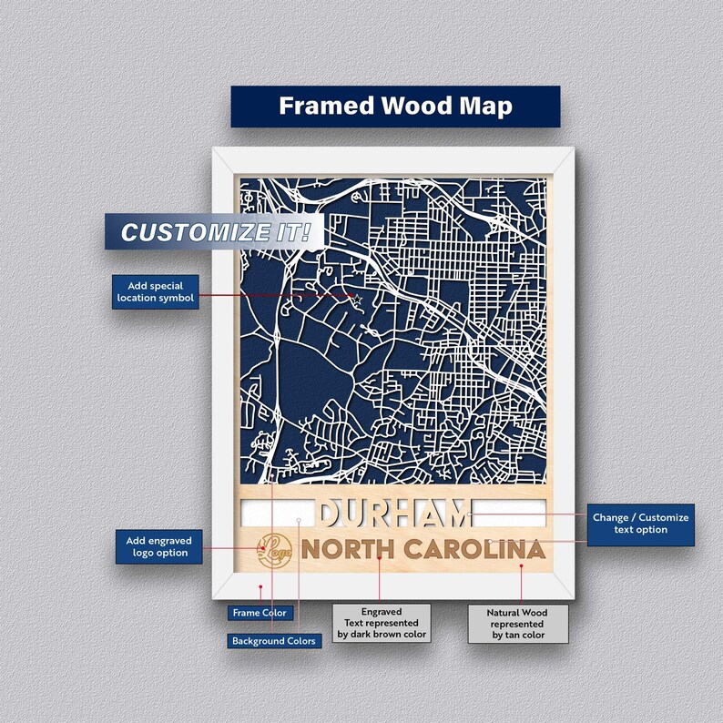 Durham North Carolina Map Custom Devil Blue Wood Map Framed Durham ...