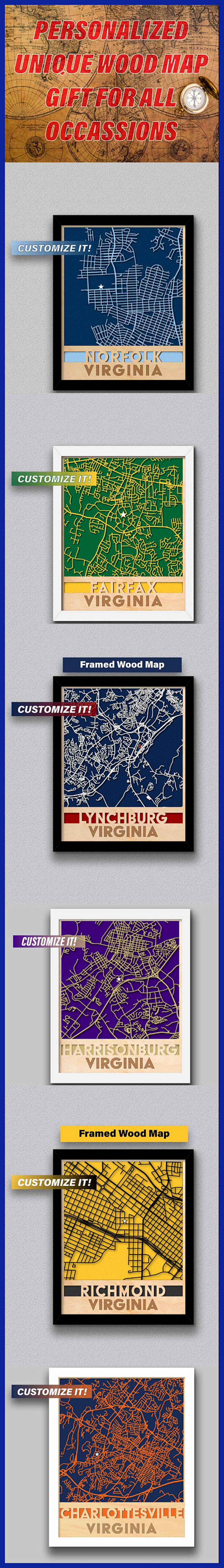 University Radford Va Map Radford Virginia Wood Map Framed University ...