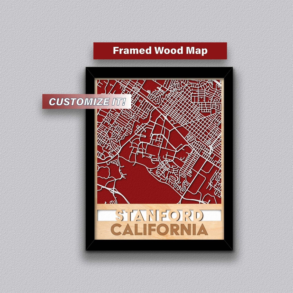 Stanford California University Map Stanford Wood Map Framed Standford ...