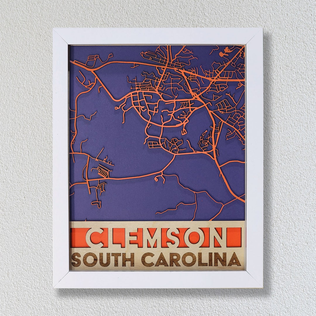 Clemson SC Map Clemson South Carolina Wood Street Map Framed Clemson ...
