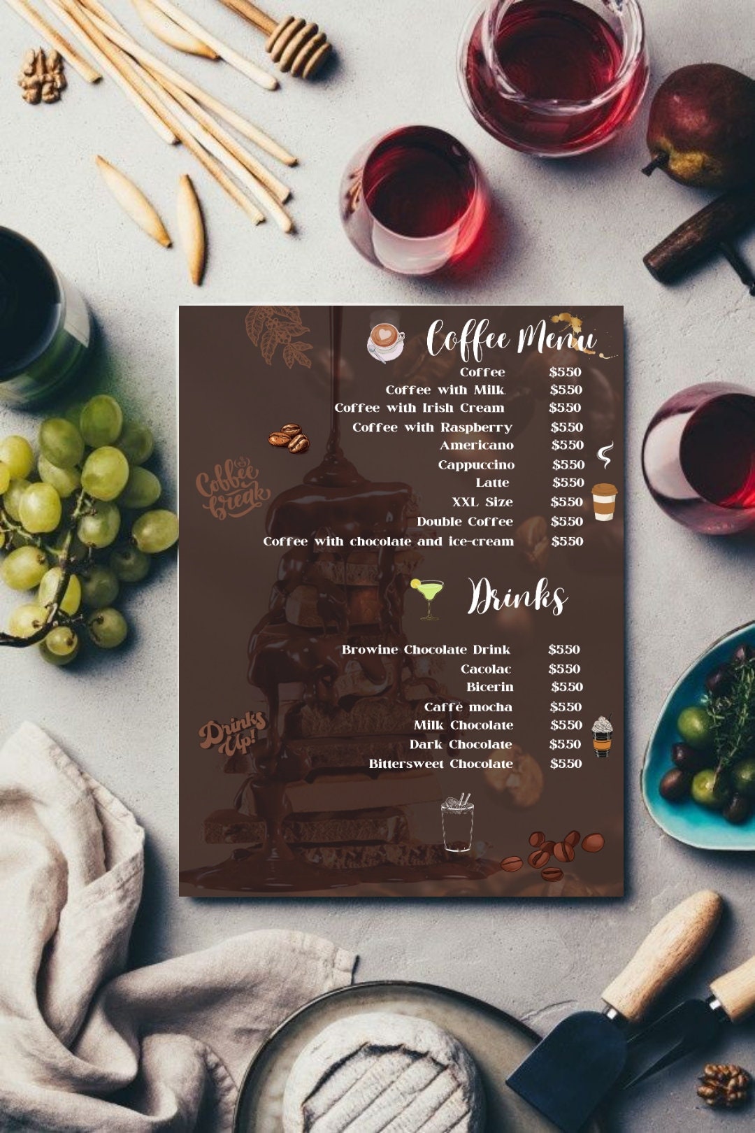 Editable Menu Card Chocolate Menu Card Instant Download Canva Template ...