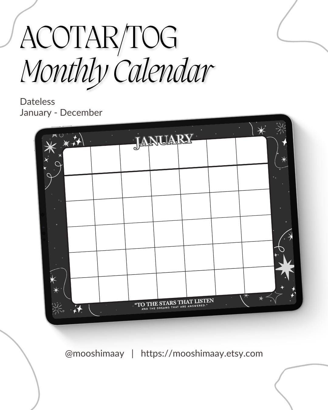 Monthly Calendar Template | ACOTAR/TOG Design | January to December - Etsy