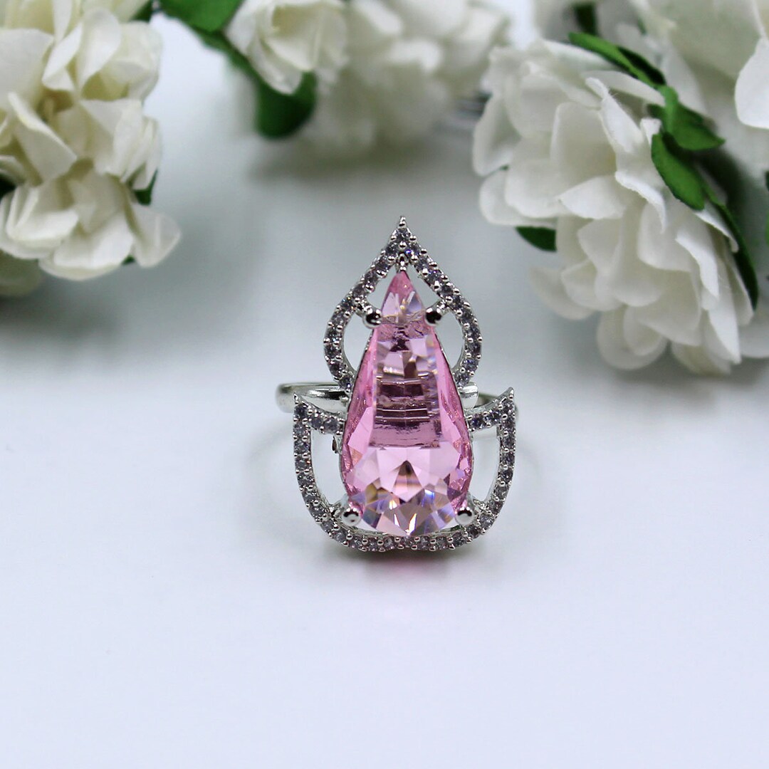 Pink Topaz Ring, Faceted Pear Shape Gemstone Adjustable Ring, Silver Plated With Rhodium Polish ...