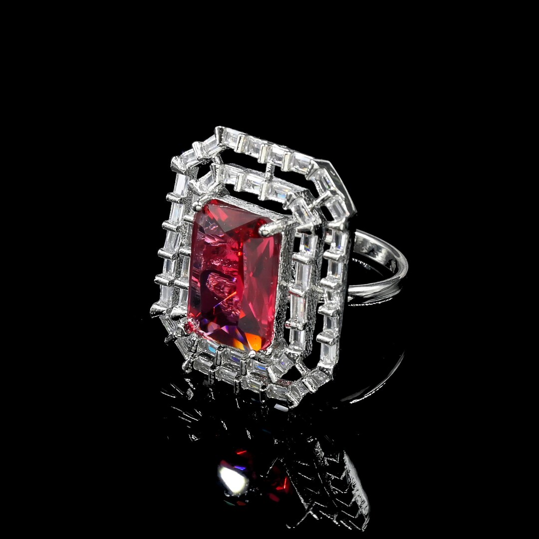 Handmade Rectangle Garnet Quartz Ring: Silver Plated Statement Jewelry ...