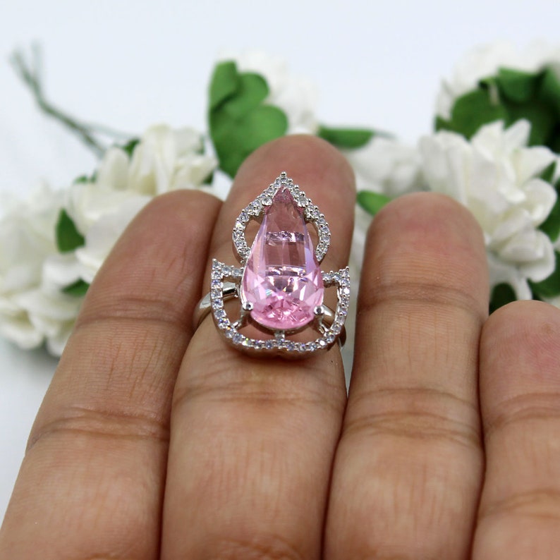 Pink Topaz Ring, Faceted Pear Shape Gemstone Adjustable Ring, Silver Plated With Rhodium Polish ...