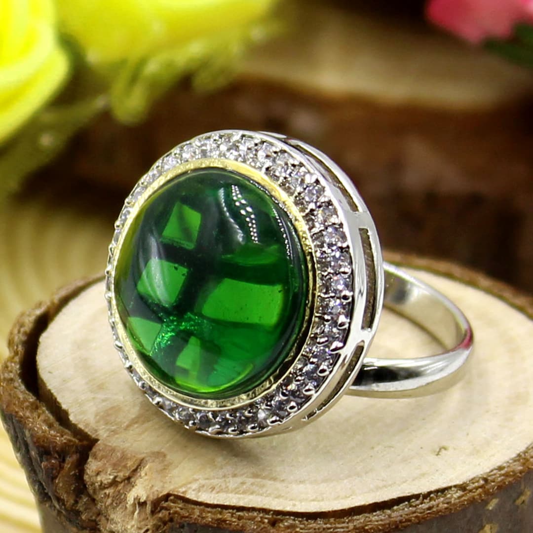Green Quartz Gemstone Ring, Round Gemstone Jewelry, Silver Plated Brass ...
