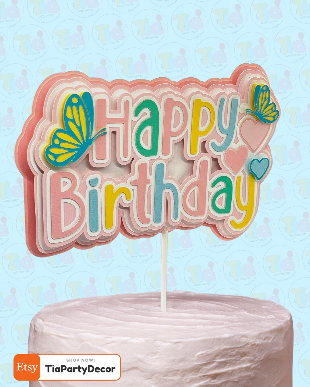 Delicate Happy Birthday Cake Topper in Light Pink, Blue, Yellow and ...