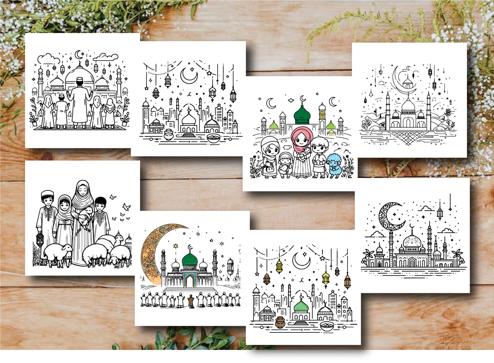 8 Islamic Printable, Eid Ramadan Coloring Cards for Kids, Eid Al Fitr ...