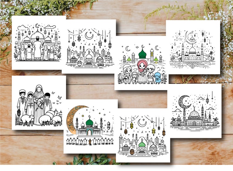 8 Islamic Printable, Eid Ramadan Coloring Cards for Kids, Eid Al Fitr ...
