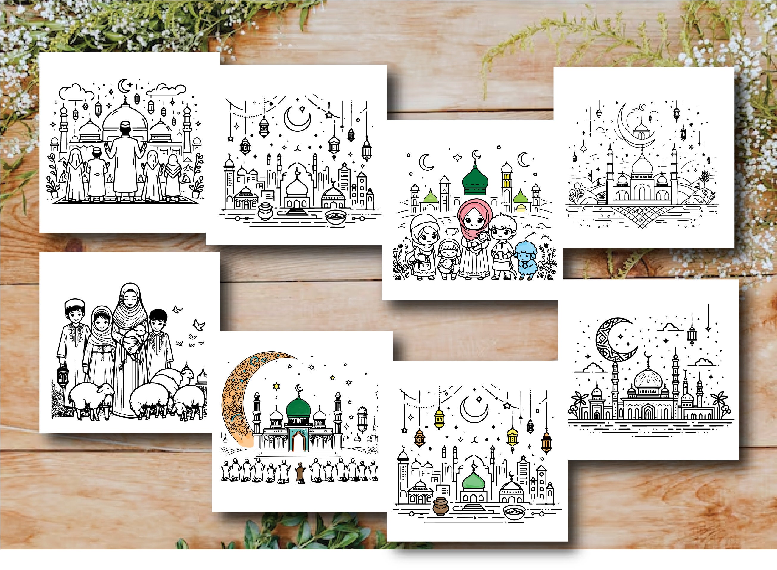 8 Islamic Printable, Eid Ramadan Coloring Cards for Kids, Eid Al Fitr ...