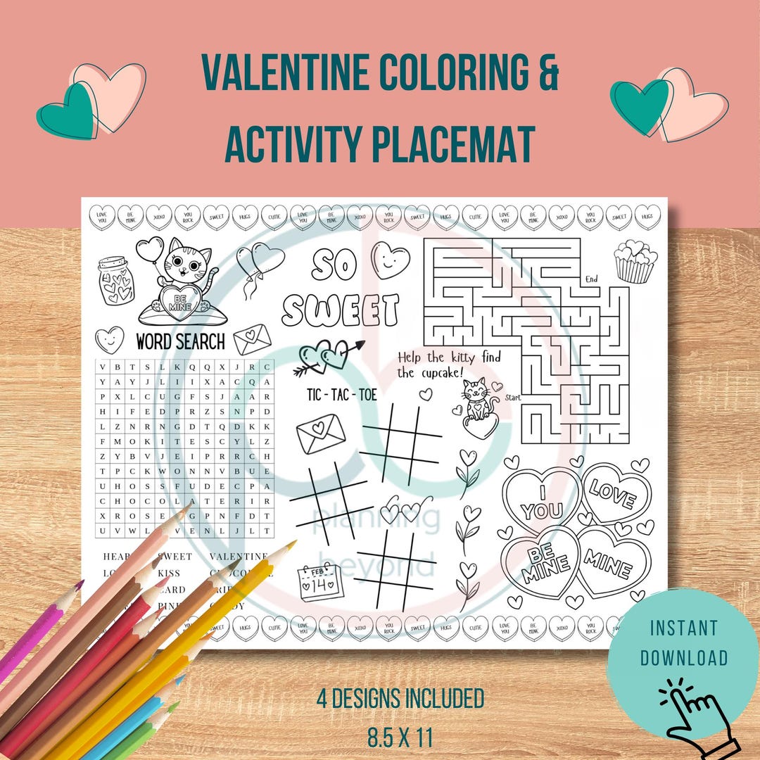 Kids Valentine Coloring Placemat | Printable Placemat Activity Mat ...