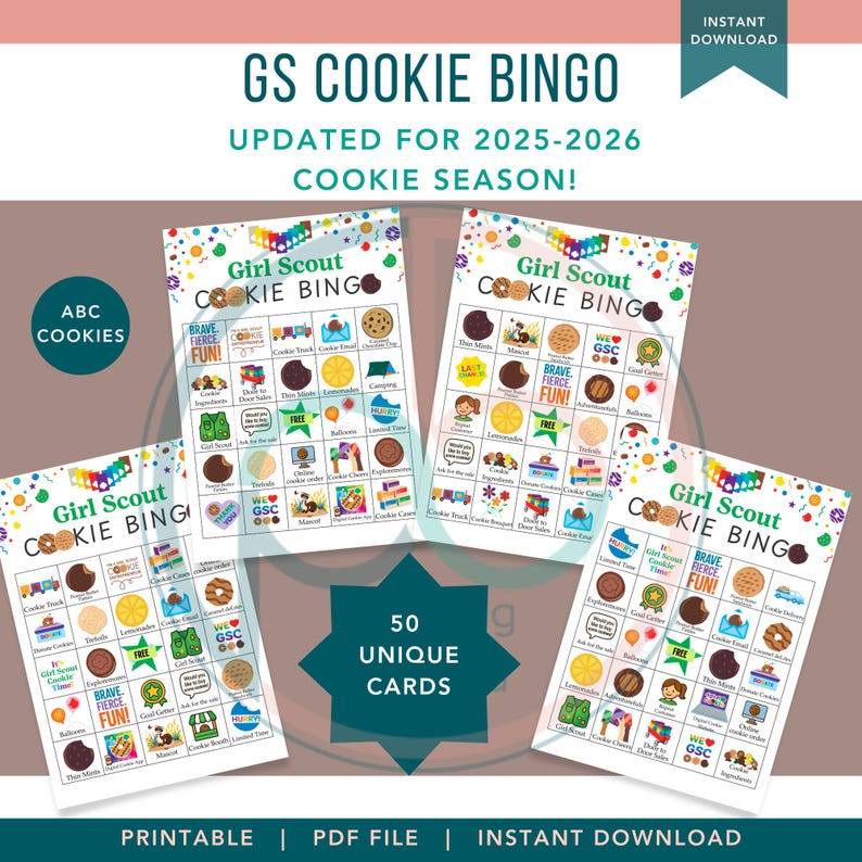GS Cookie Season Bingo Cards | ABC Cookie Activity | Troop Meeting ...
