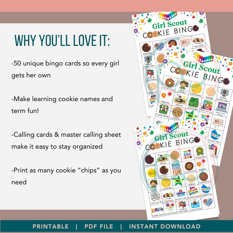 GS Cookie Season Bingo Cards | ABC Cookie Activity | Troop Meeting ...