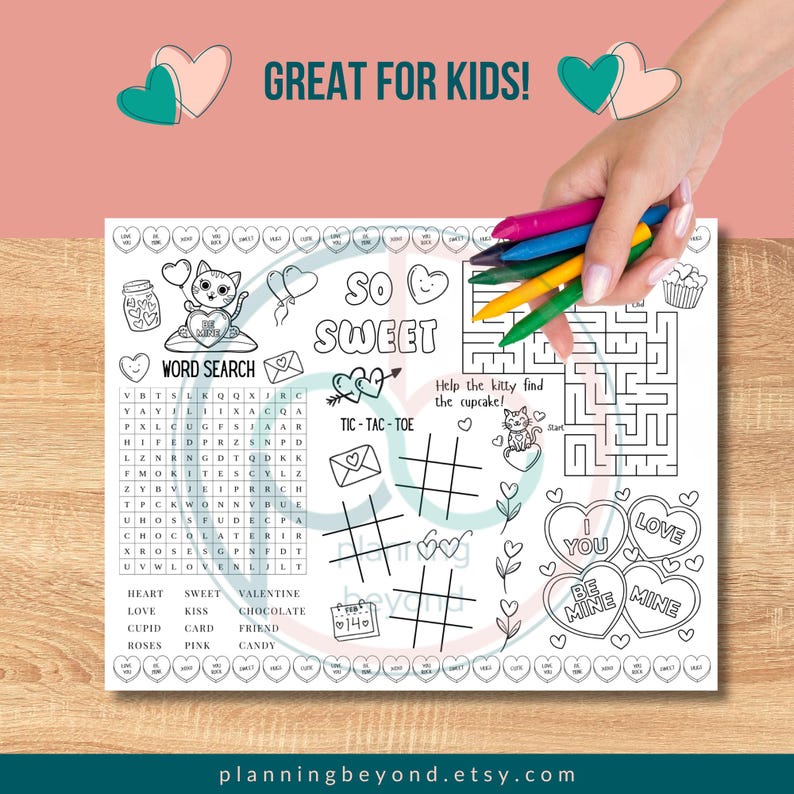 Valentine Kids Activity Mats | Printable Placemat | Instant Download ...