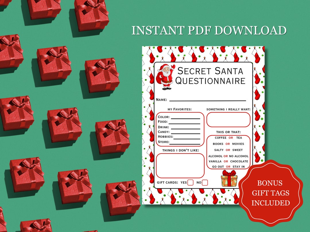Secret Santa Questionnaire Printable Secret Santa Survey, Gift Exchange ...
