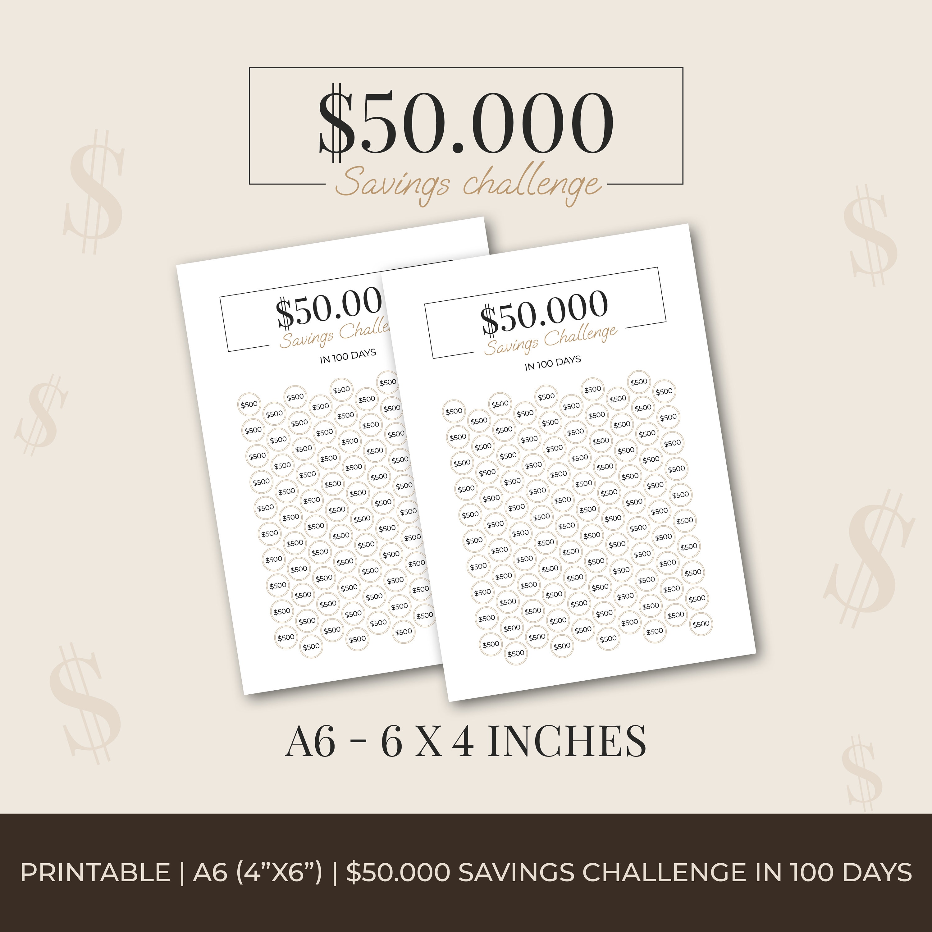 50k Savings Challenge Printable A6 Money Save PDF 50000 in 100 Days ...