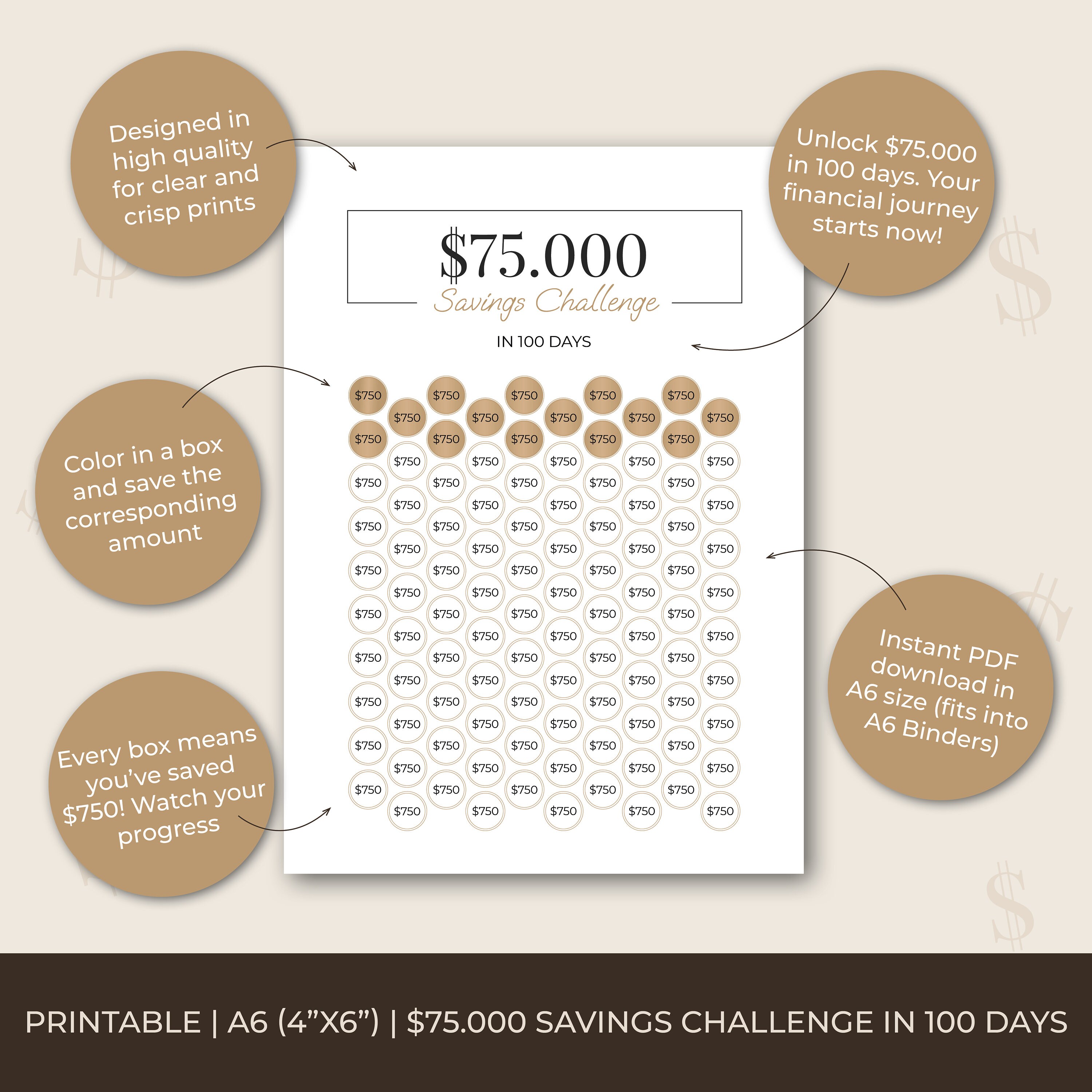 75k Savings Challenge Printable A6 Money Save PDF 75000 in 100 Days ...