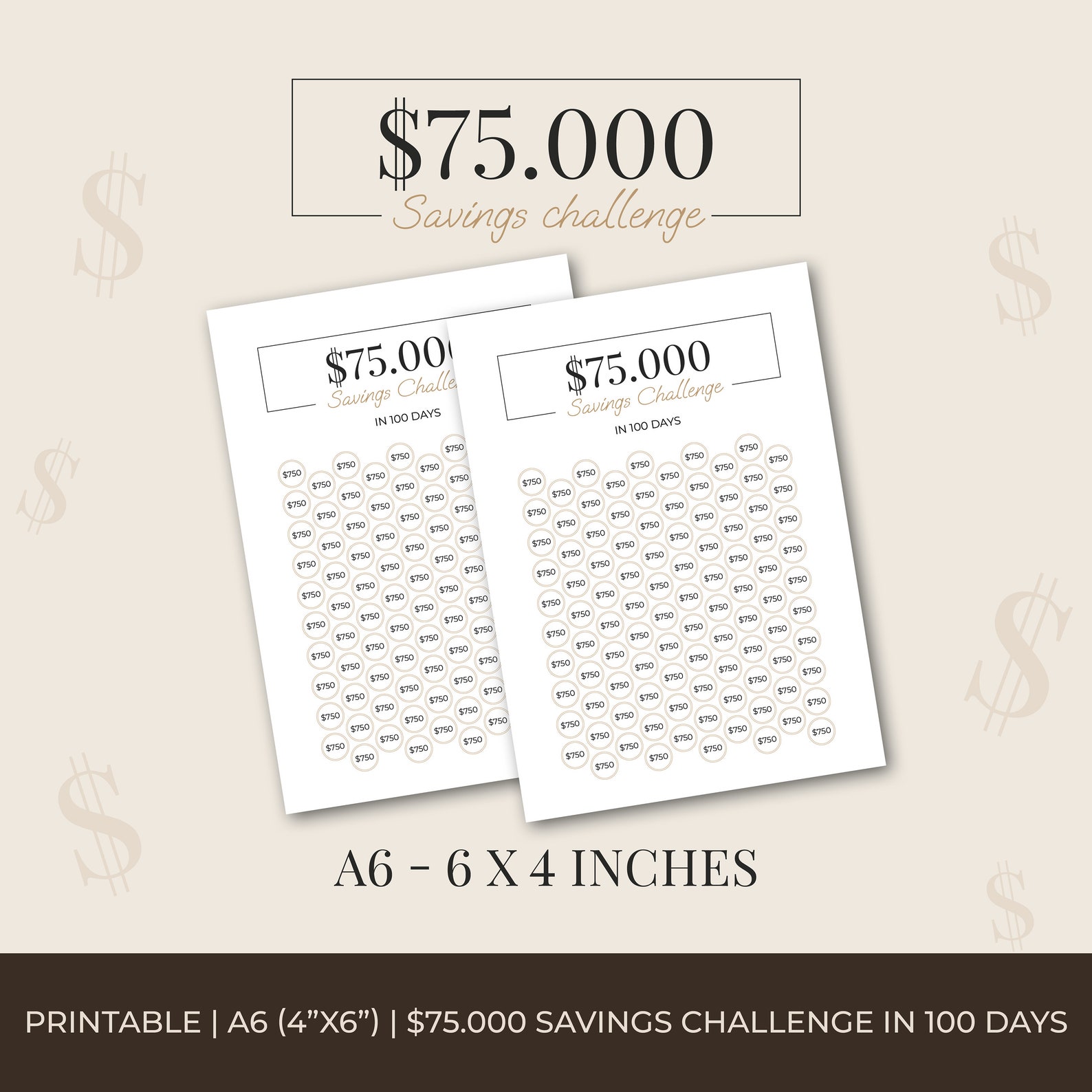 75k Savings Challenge Printable A6 Money Save PDF 75000 in 100 Days ...