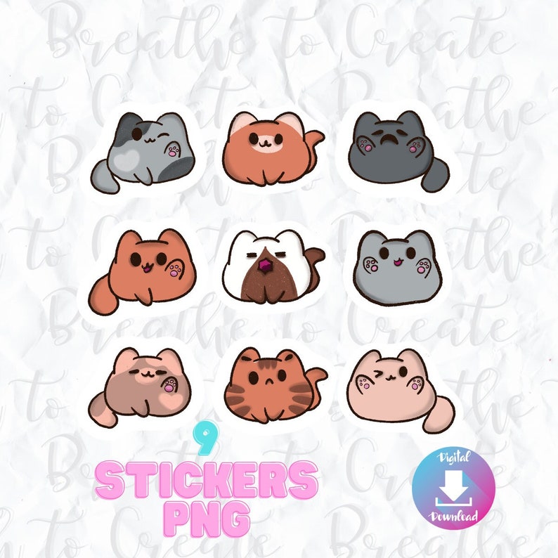Kawaii Printable Stickers Set Png, 9 Cats Sticker Png, Print and Cut ...