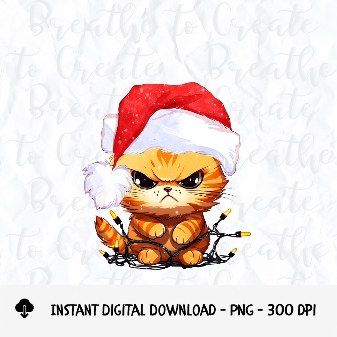 Funny Christmas Cat PNG: Angry Santa Cat With Lights (digital Download ...
