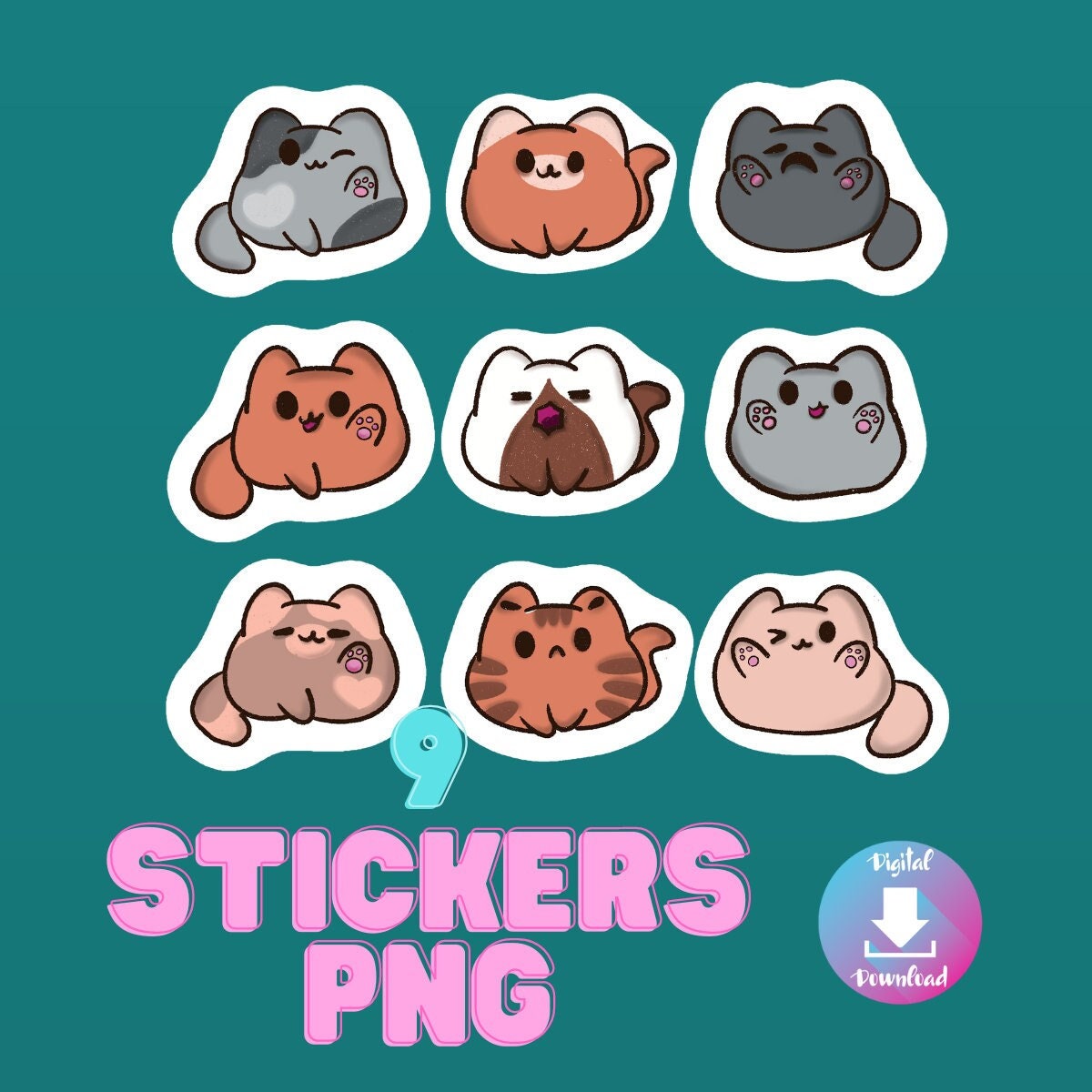 Kawaii Printable Stickers Set Png, 9 Cats Sticker Png, Print and Cut ...
