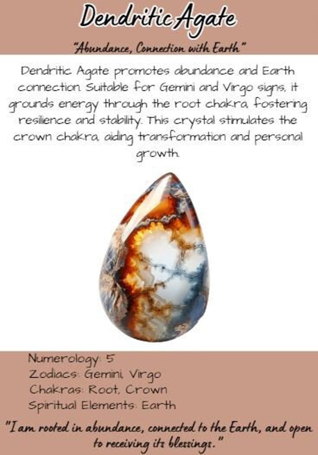 Dendritic Agate Crystal Meaning Card Bundle Crystal Information Cards ...