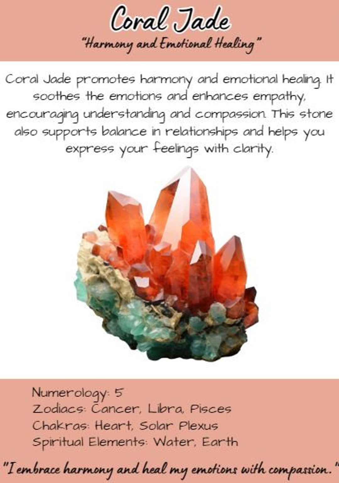 Coral Jade Crystal Meaning Card Bundle Crystal Information Cards ...