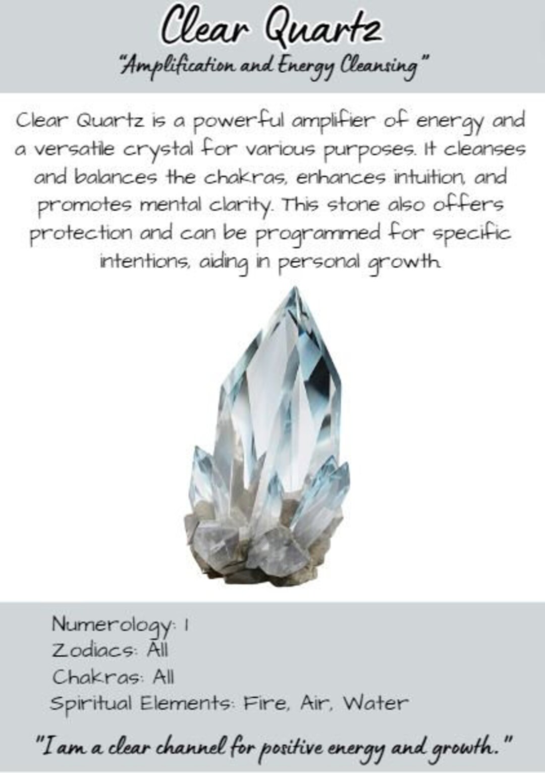 Clear Quartz Crystal Meaning Card Bundle Crystal Information Cards ...