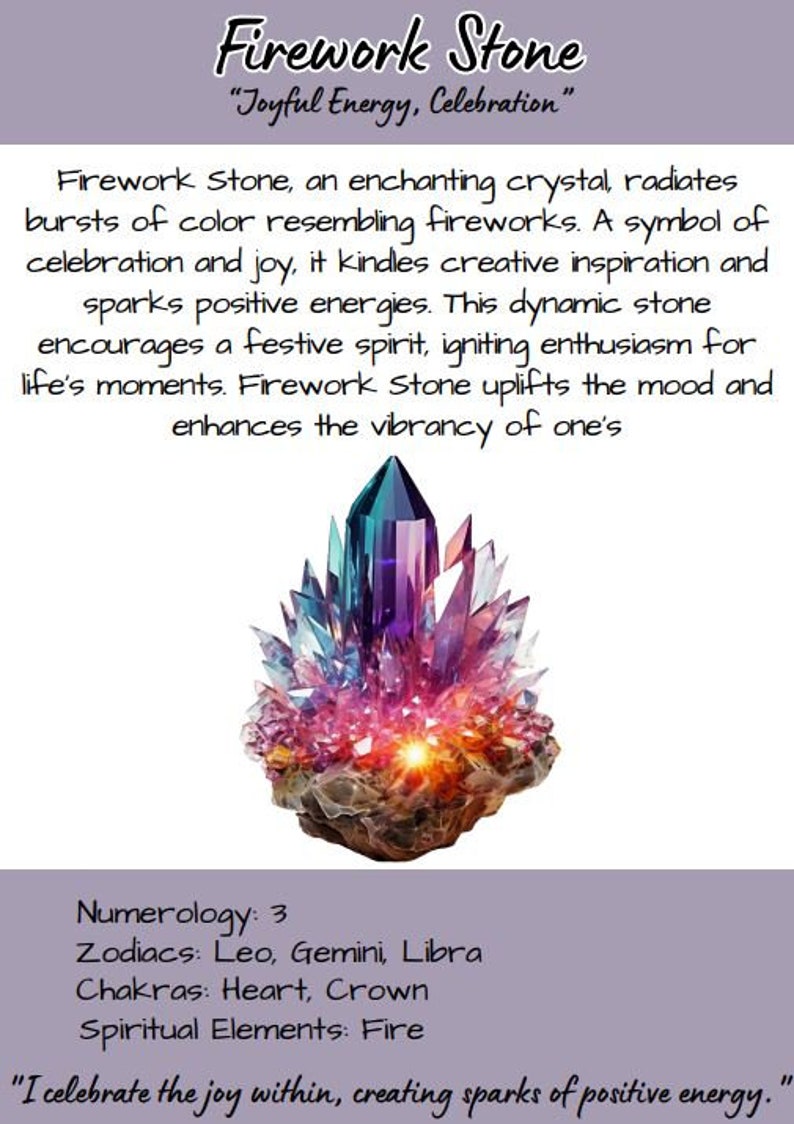 Firework Stone Crystal Meaning Card Bundle Crystal Information Cards ...