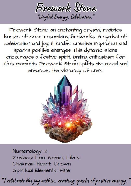 Firework Stone Crystal Meaning Card Bundle Crystal Information Cards ...