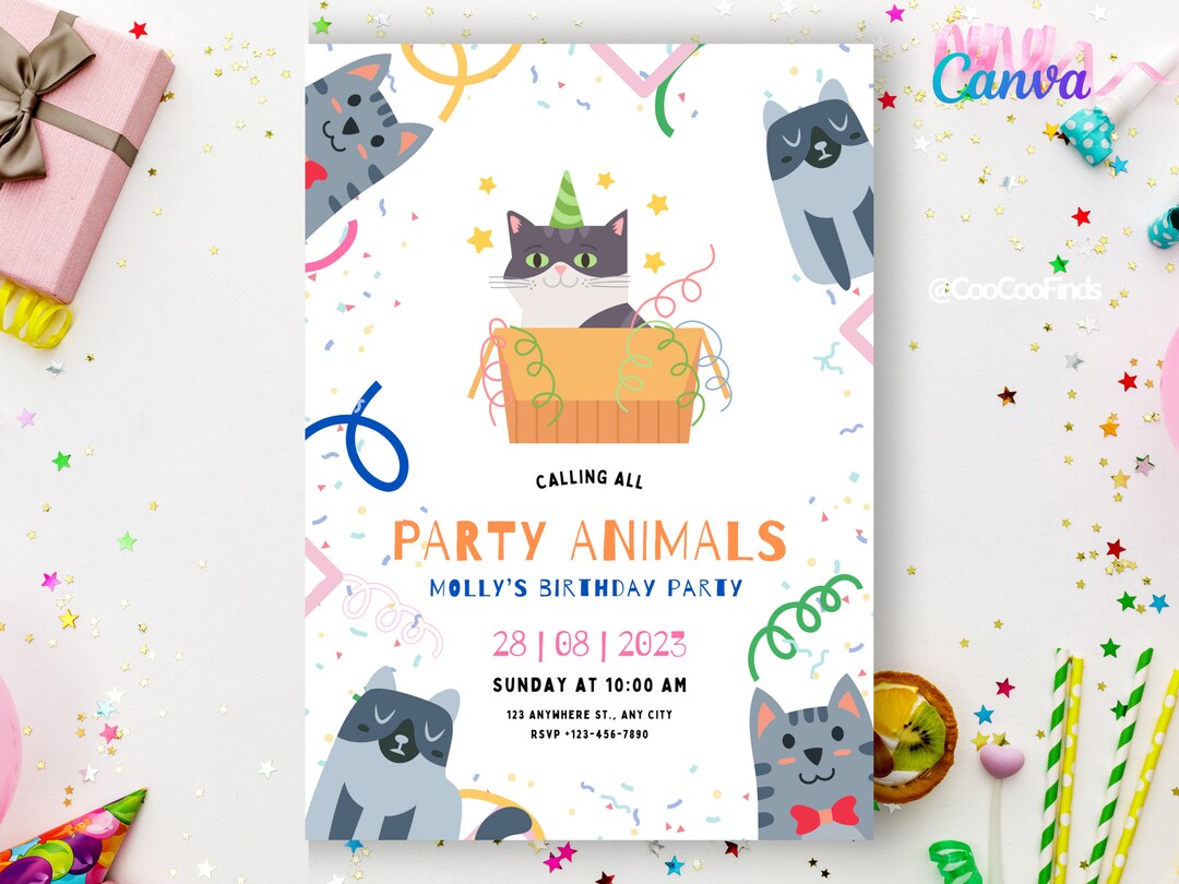 Cat Birthday Invitation Canva Template Printable Party Invite - Etsy