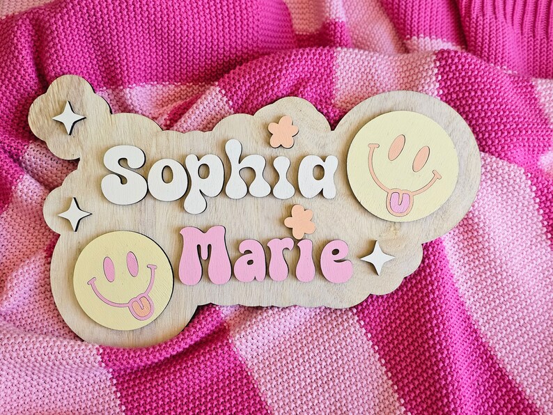 Retro Smiley Face Baby Name Sign: Personalized Nursery Decor | Custom ...