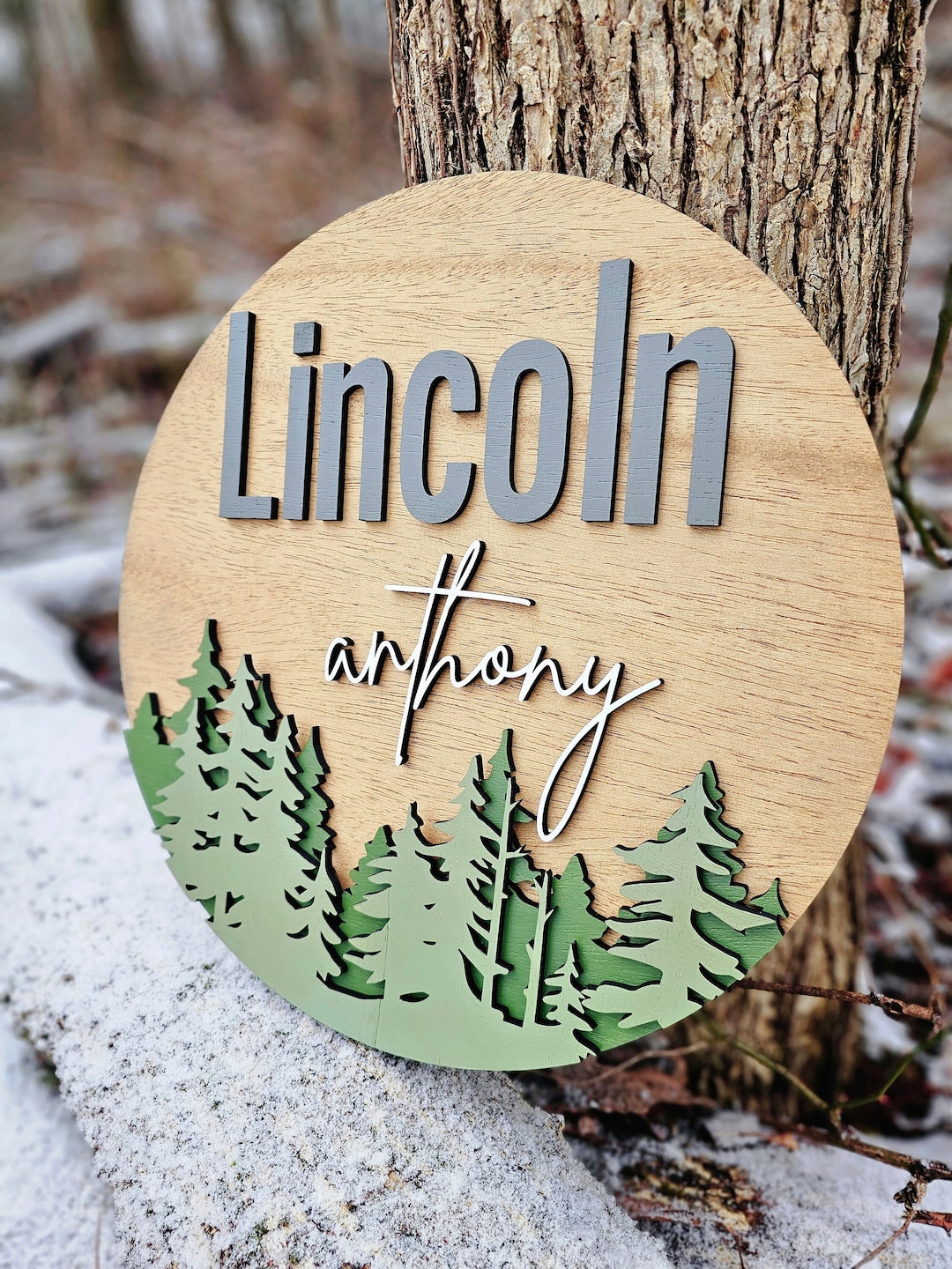 Custom Nursery Name Sign: Round Pine Tree Wooden Decor | Baby Shower ...