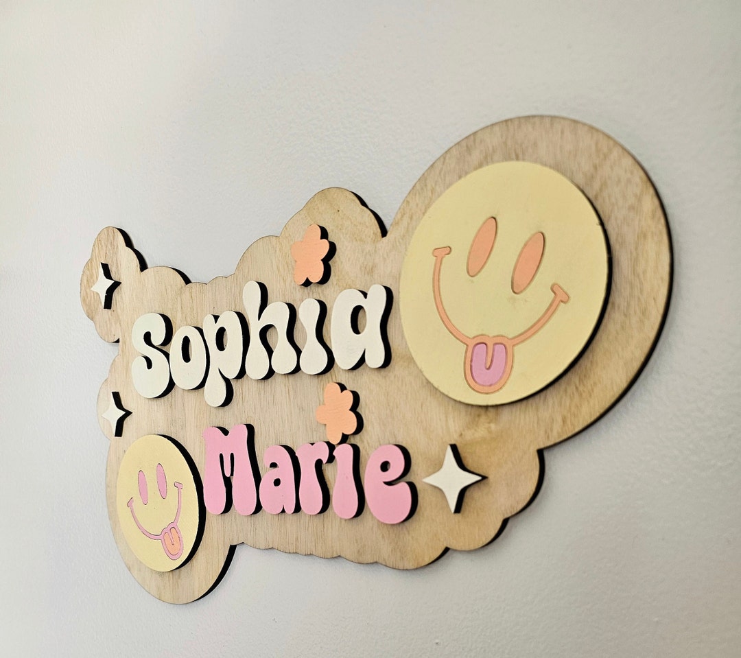 Retro Baby Name Sign | Hippie Smiley Face Name Sign | Personalized Name ...