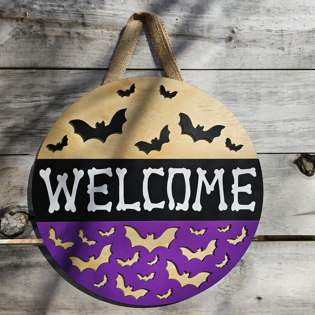 Halloween Bat Welcome Sign | Bone Font Door Hanger | Spooky Porch Decor ...