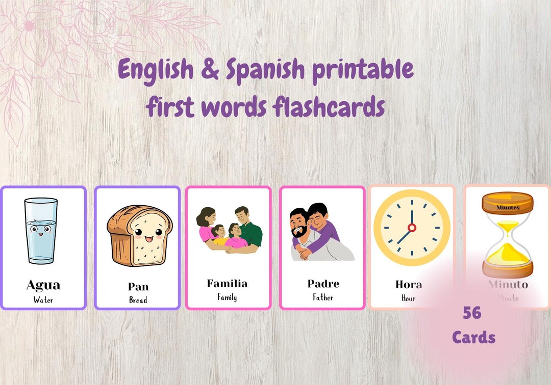 56 Flashcards for Basic English & Spanish Words bilingual Learning Set ...