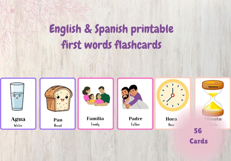 56 Flashcards for Basic English & Spanish Words bilingual Learning Set ...